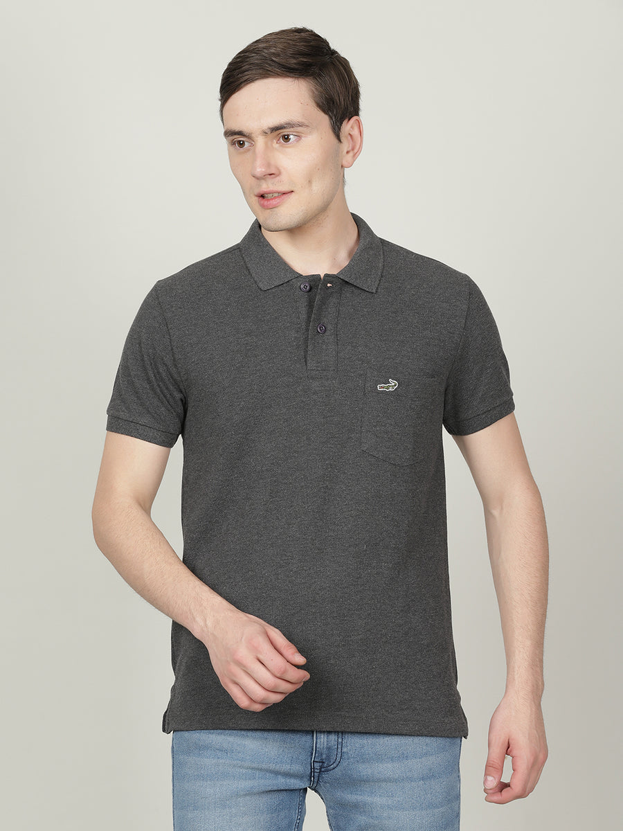 Buy Anthra Melange Grey Solid Polo T-Shirt with Pocket – Crocodile