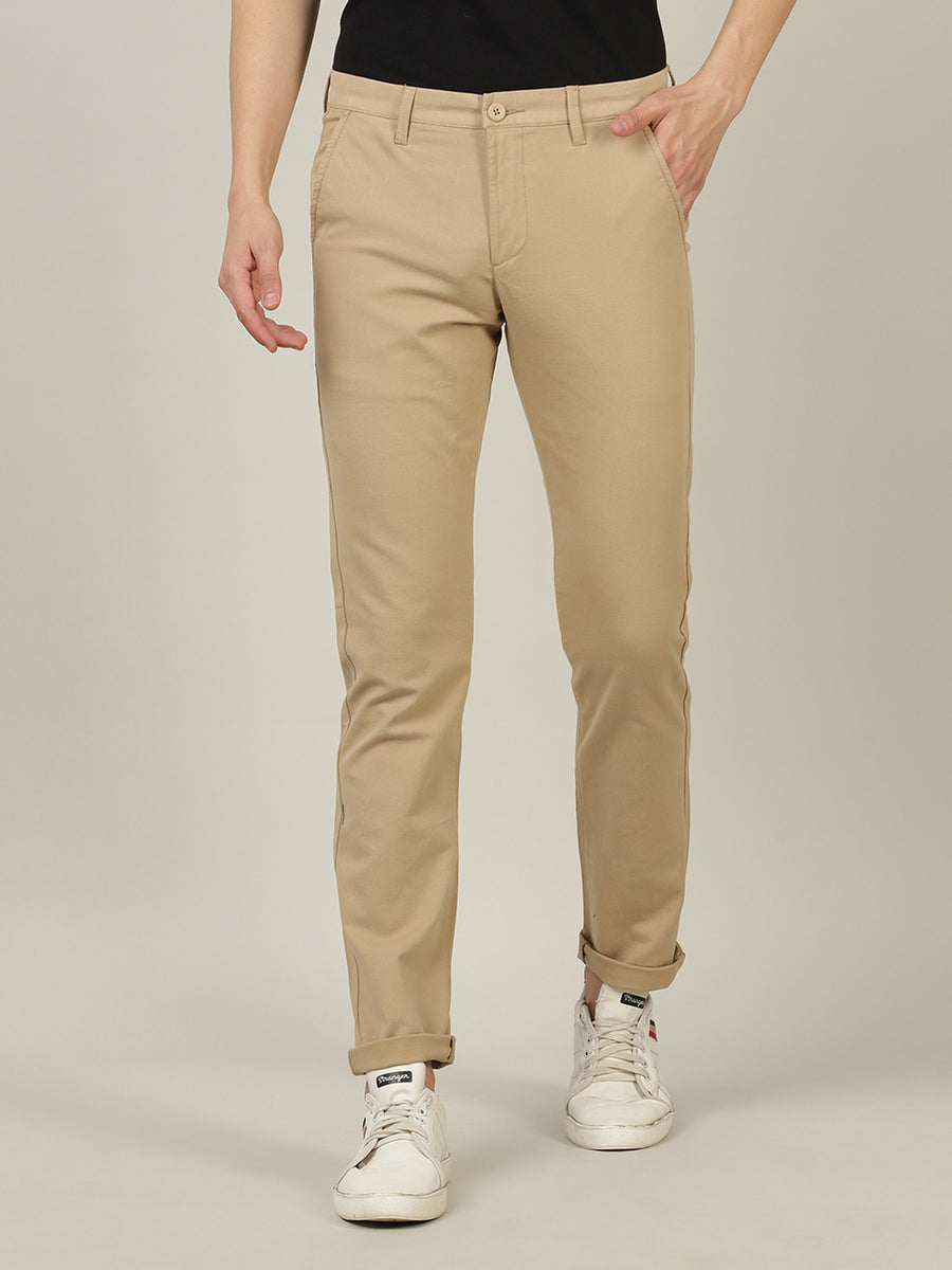 Shop Light Khaki Solid Slim Fit Casual Trouser Online India – Crocodile