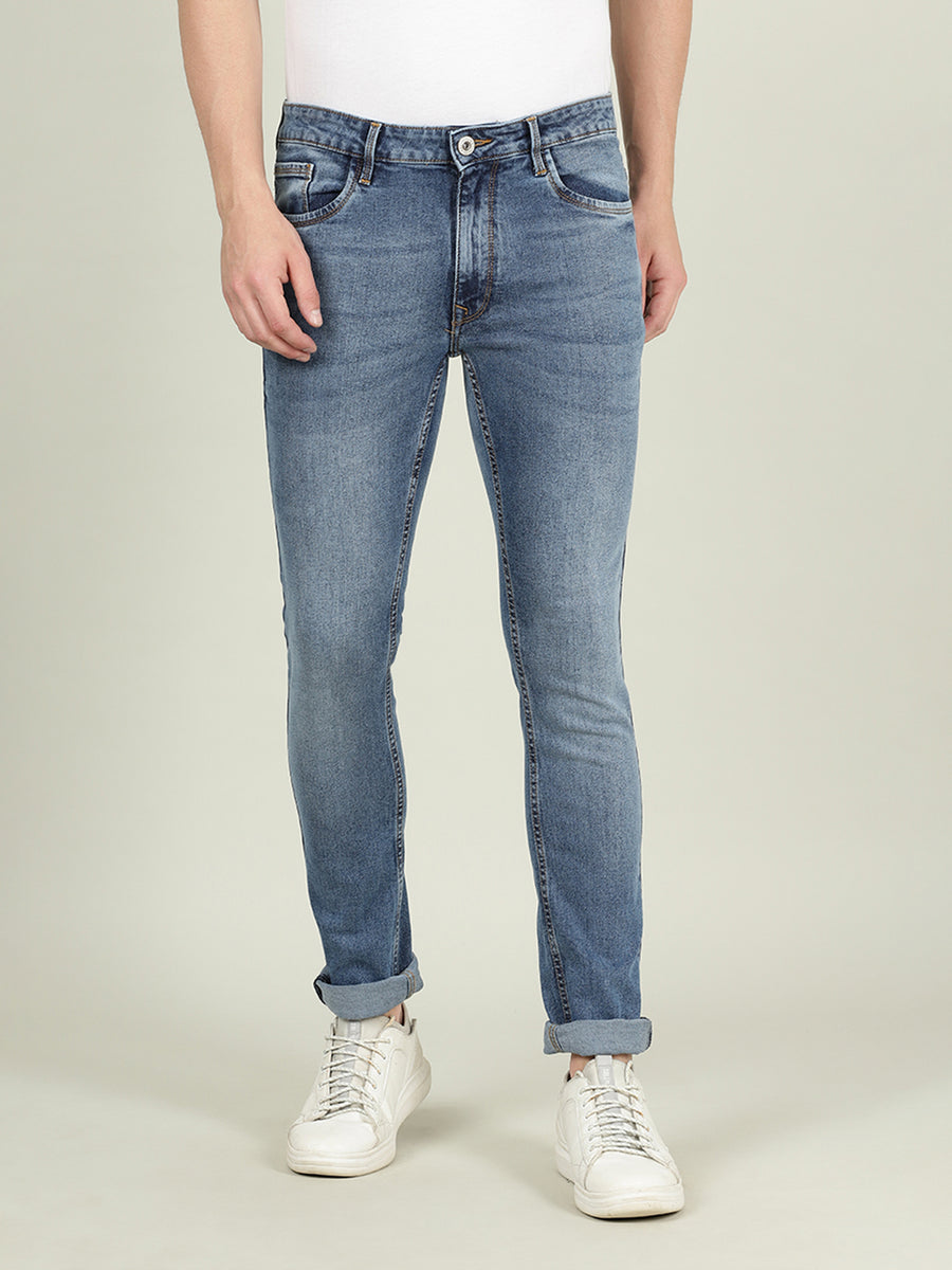 Buy Medium Blue Solid Mid Rise Slim Tapered Jean – Crocodile