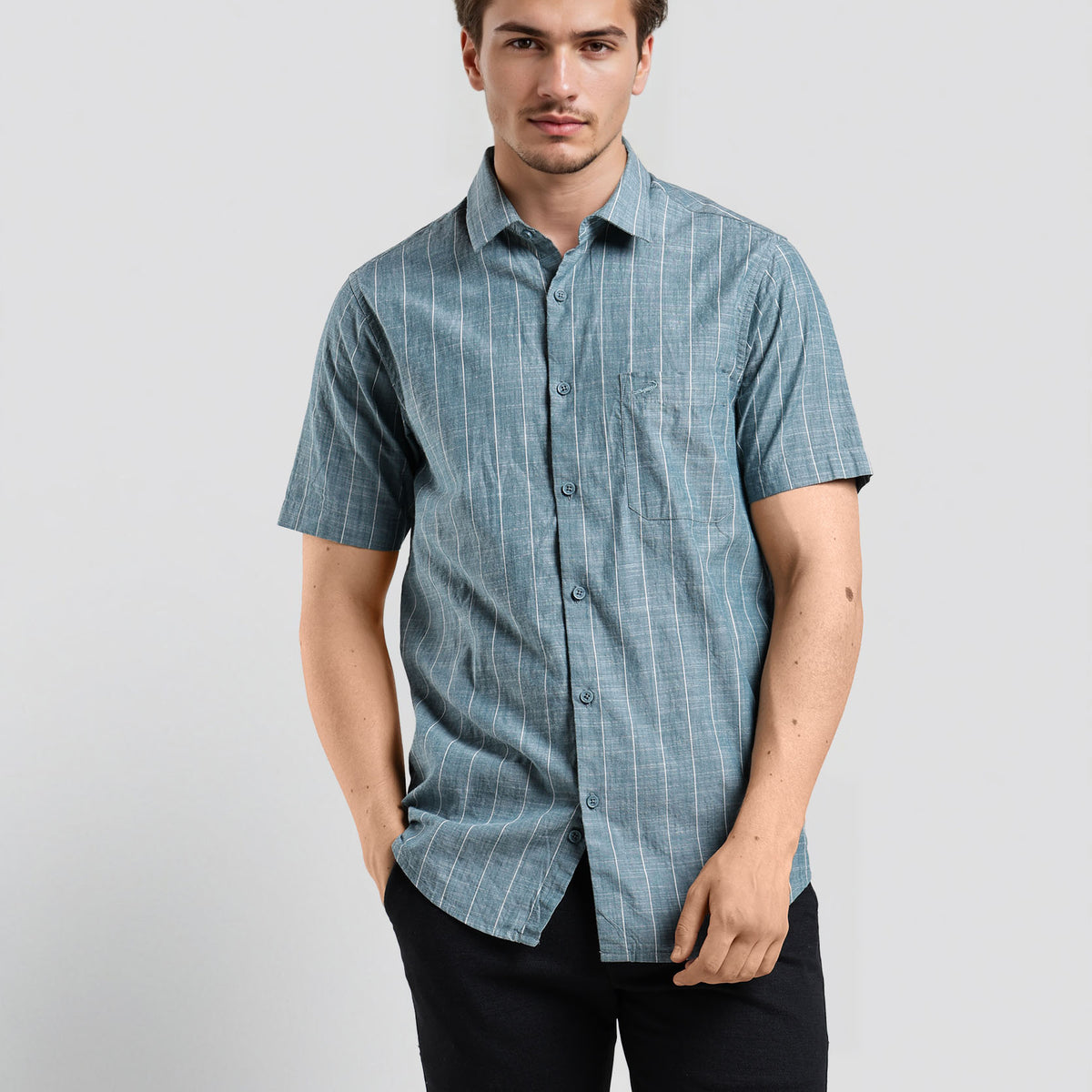 Shop Green Cotton Fabric Pinstripe Design Chisel Shaped Pocket Comfort ...
