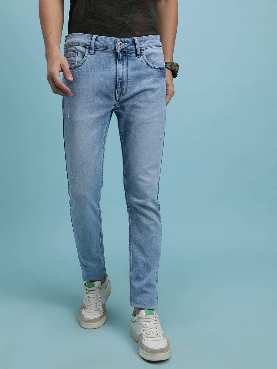 Buy Ice Blue Solid Mid Rise Slim Tapered Jean Online India – Crocodile