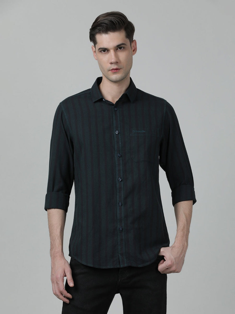 Buy Moonless Night Blue Striped Full Sleeve 100% Cotton Shirt – Crocodile